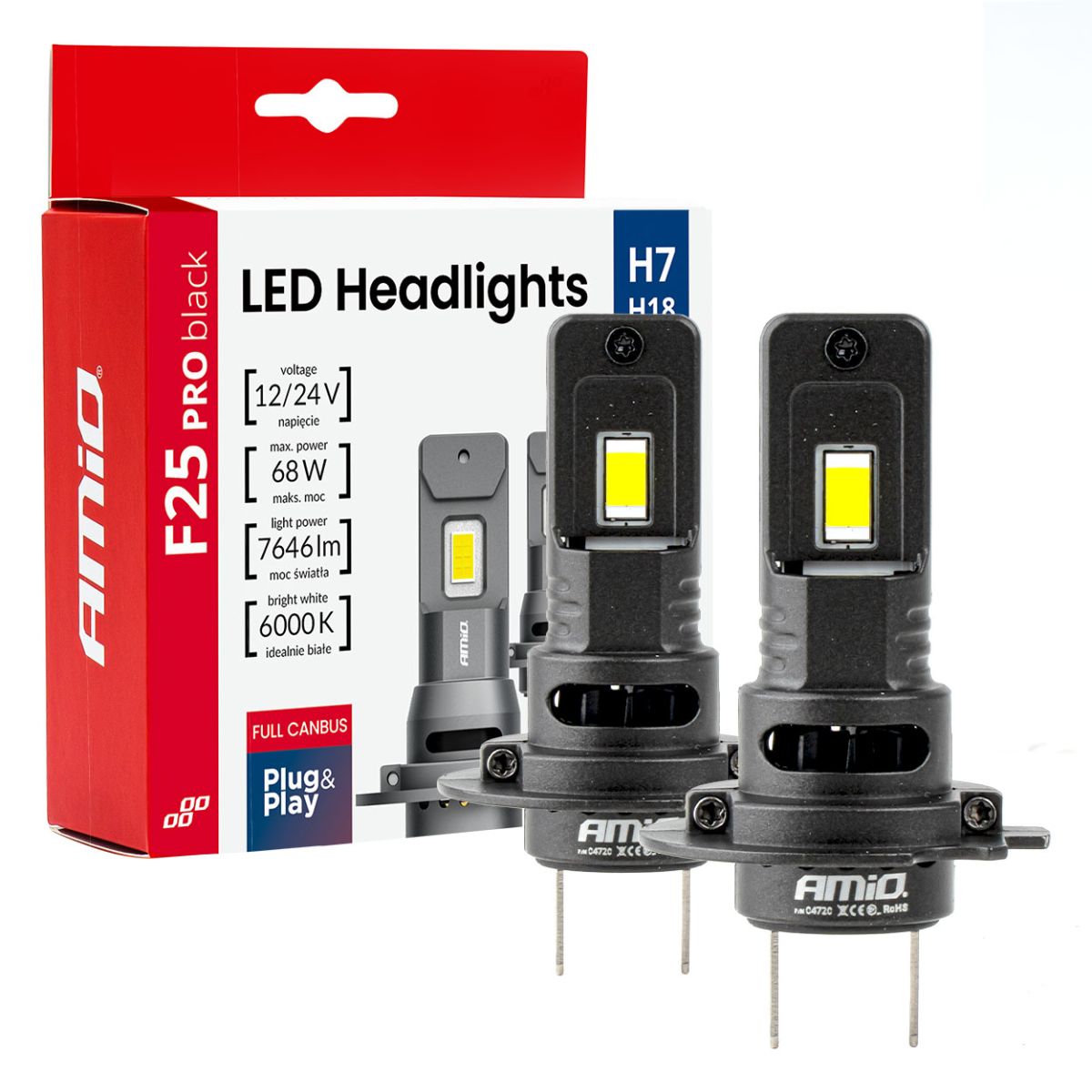 LED Spuldze F25 PRO BLACK FULL CANBUS H7 68W 12V 24V AMIO-04720, Auto ...